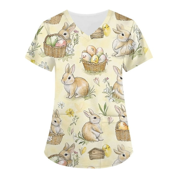 Black Scrubs，Easter Scrub Tops Women Bunny Egg Hunt Print Scrubs Short ...