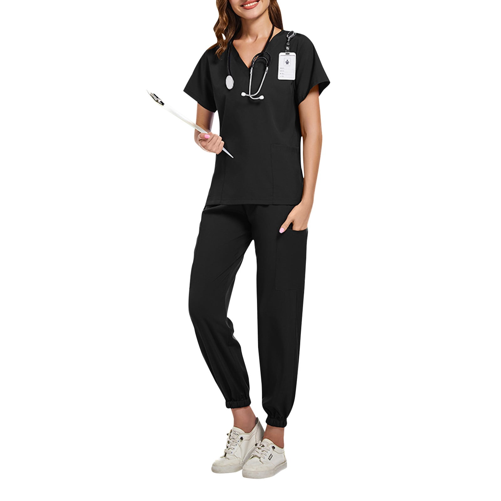Black Scrubs For Woman Set，Women'S V-Neck Solid Color Loose Nurses ...