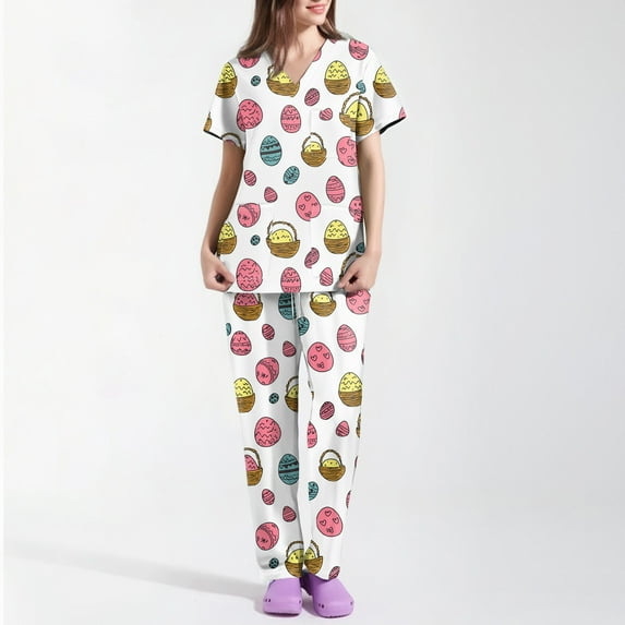 Black Scrubs For Women，Women's Short-Sleeve Easter Print Nursing Scrubs ...
