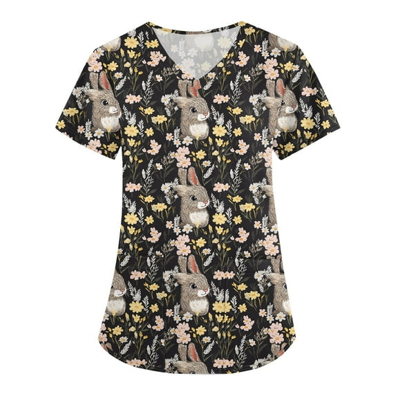 Black Scrubs，Womens Scrub Tops - Short Sleeve V-Neck Easter Printed ...