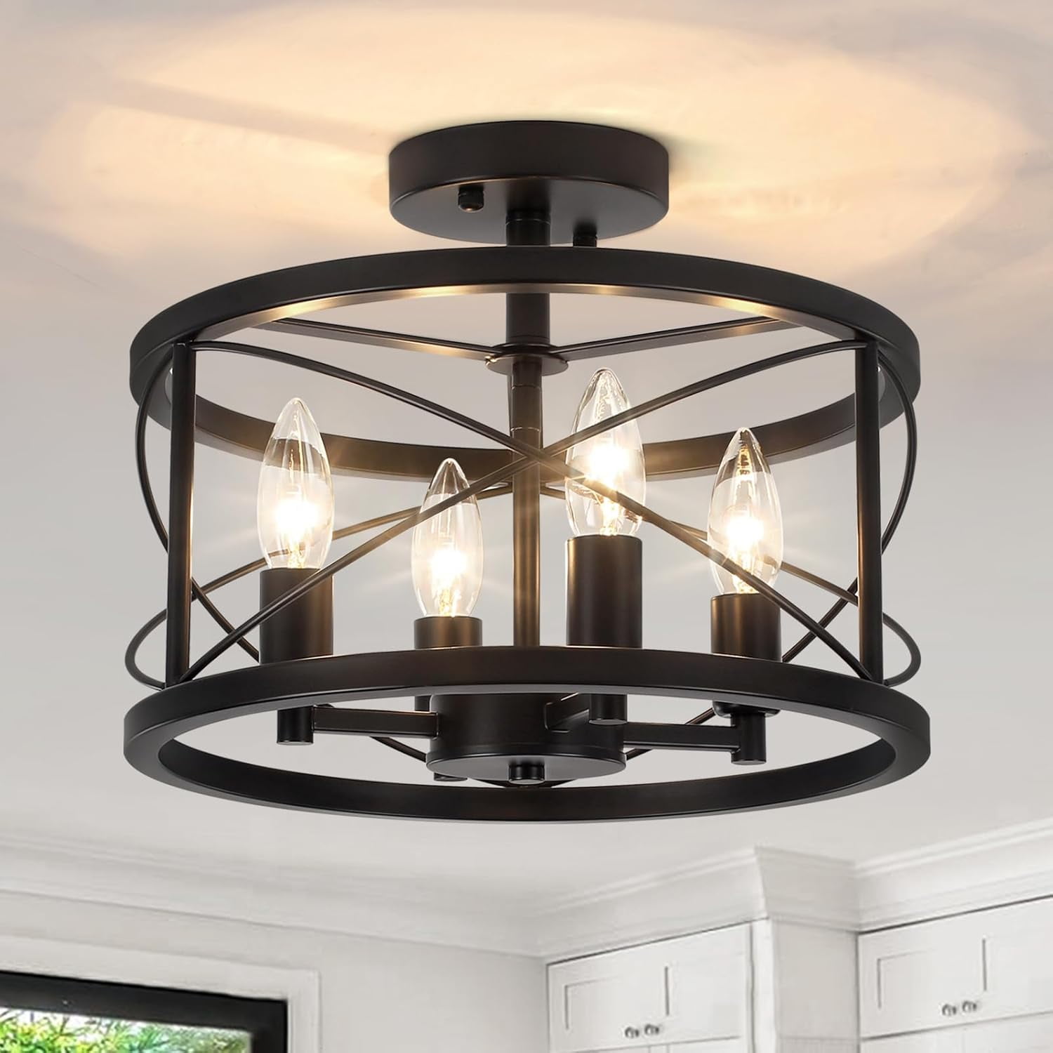 Black Semi Flush Mount Ceiling Light Fixture, 4-Light Farmhouse Modern ...