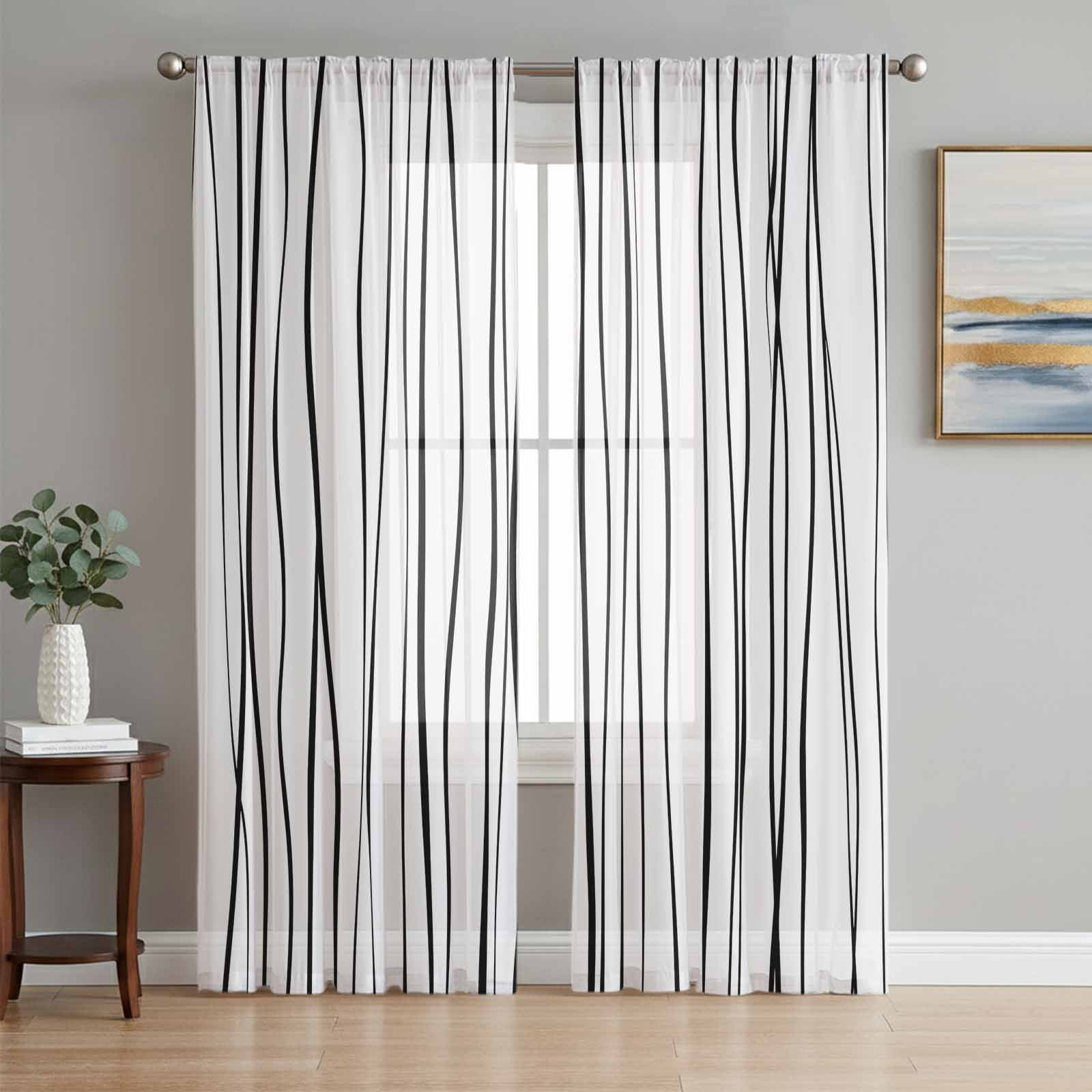 Black Semi Sheer Curtains 96 Inch Length 2 Panels Set, Abstract Lines ...