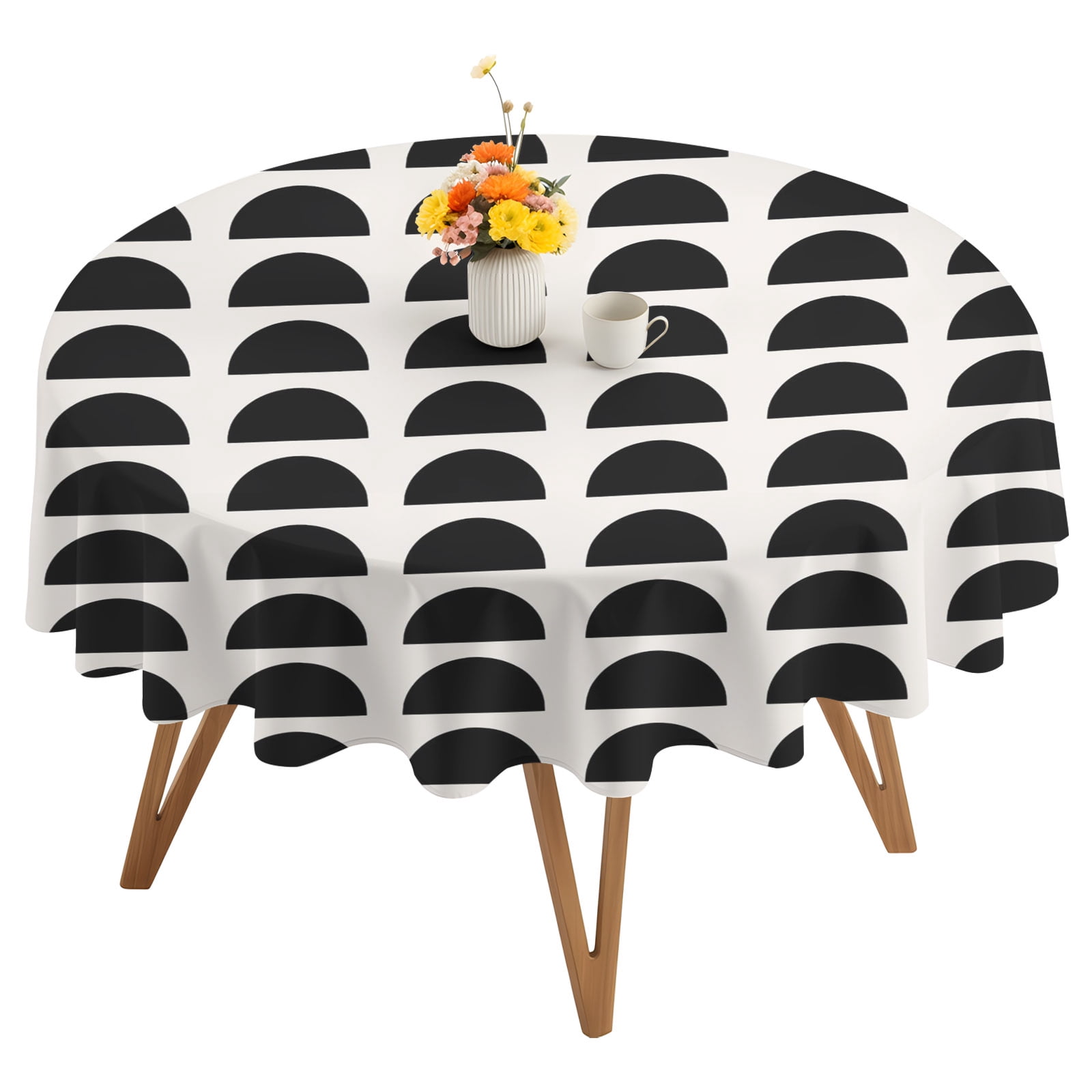 Black Semicircles Round Tablecloth 54 inches Boho Layered Modern ...