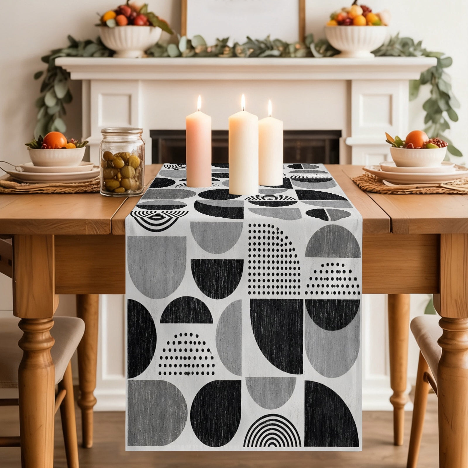Black Semicircles Table Runner, Boho Art Modern Charcoal Geometrics ...