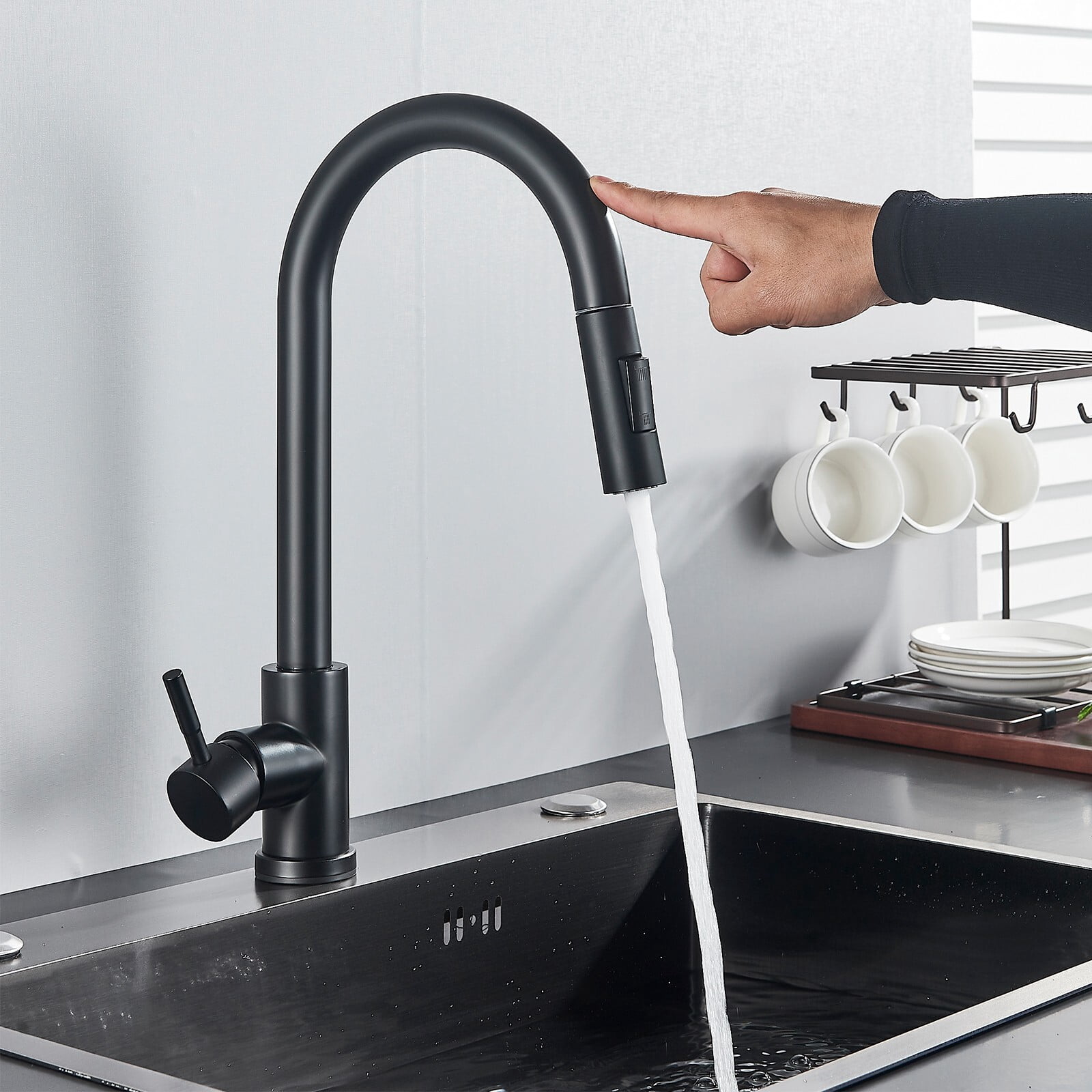Black Sensor Touch on Kitchen Faucet Pull Out/Down Sprayer Swivel sink ...