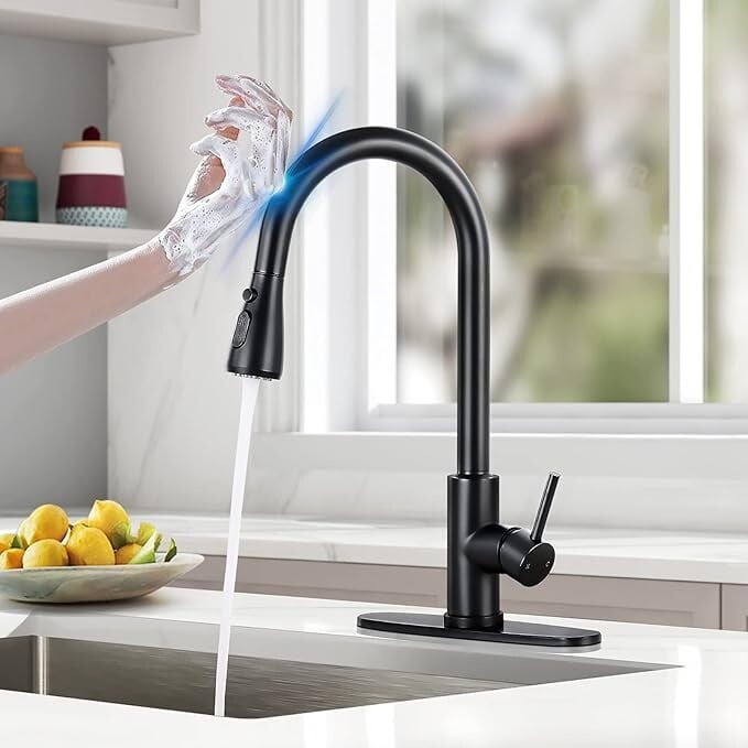 Black Sensor Touch on Kitchen Sink Faucet Pull Down Sprayer Mixer Tap ...
