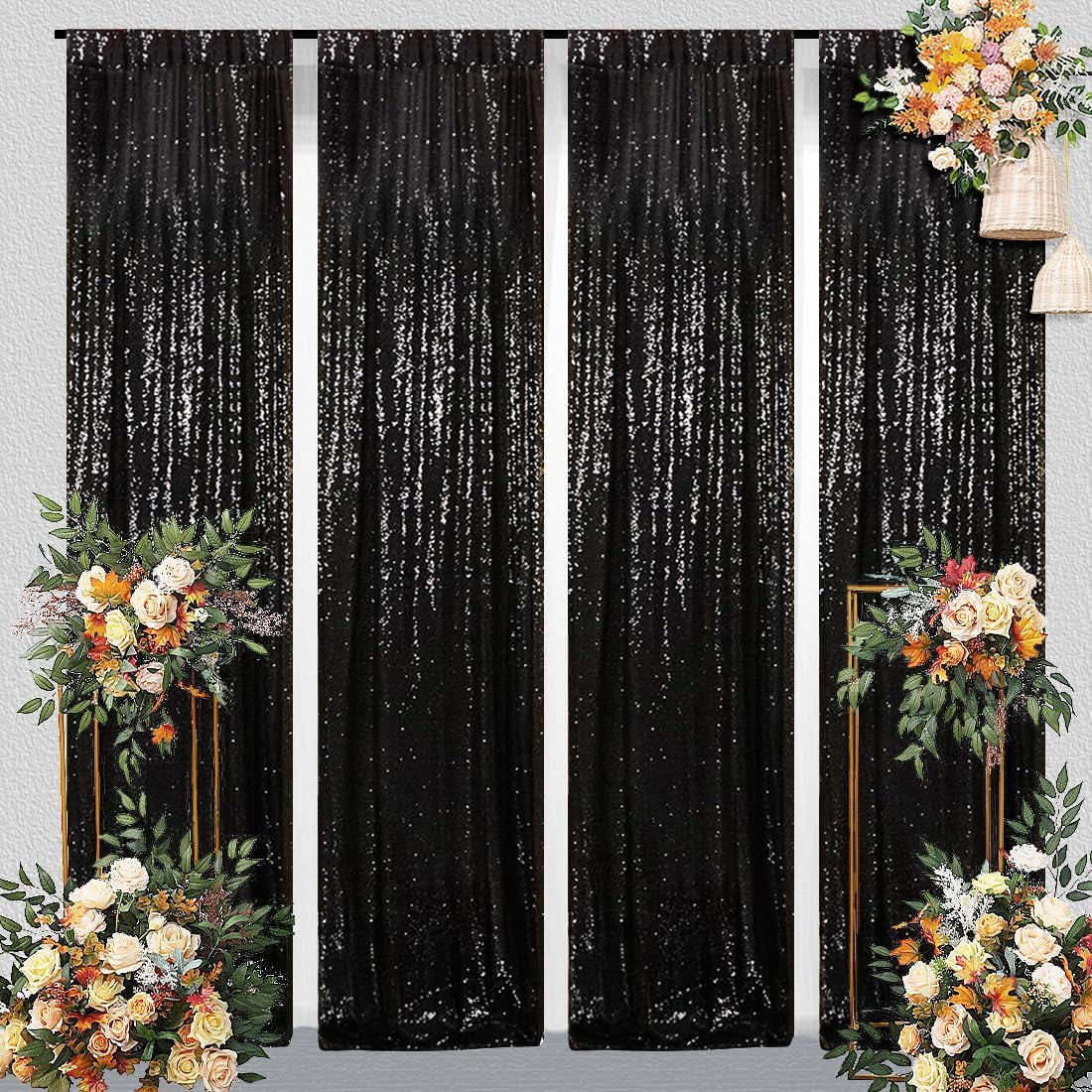 Black Sequin Backdrop Curtain,4PCS 2FTx8ft Glitter Backdrop Curtain for ...