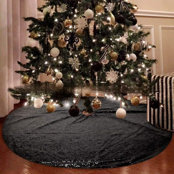 Black Sequin Christmas Tree Skirt with Faux Fur Snowflakes 36 Inch ...