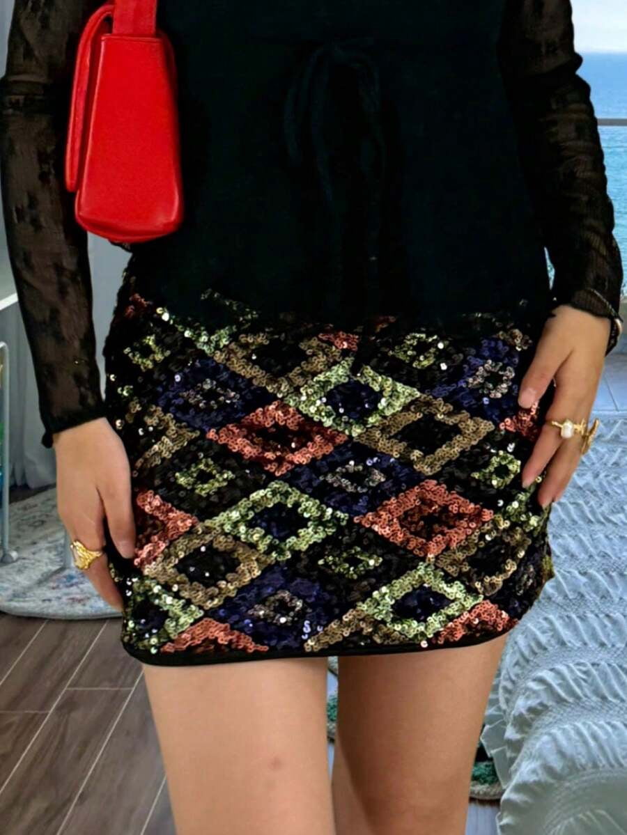 Black Sequin Geometric Pattern Bodycon Mini Skirt Sparkly Clubwear ...