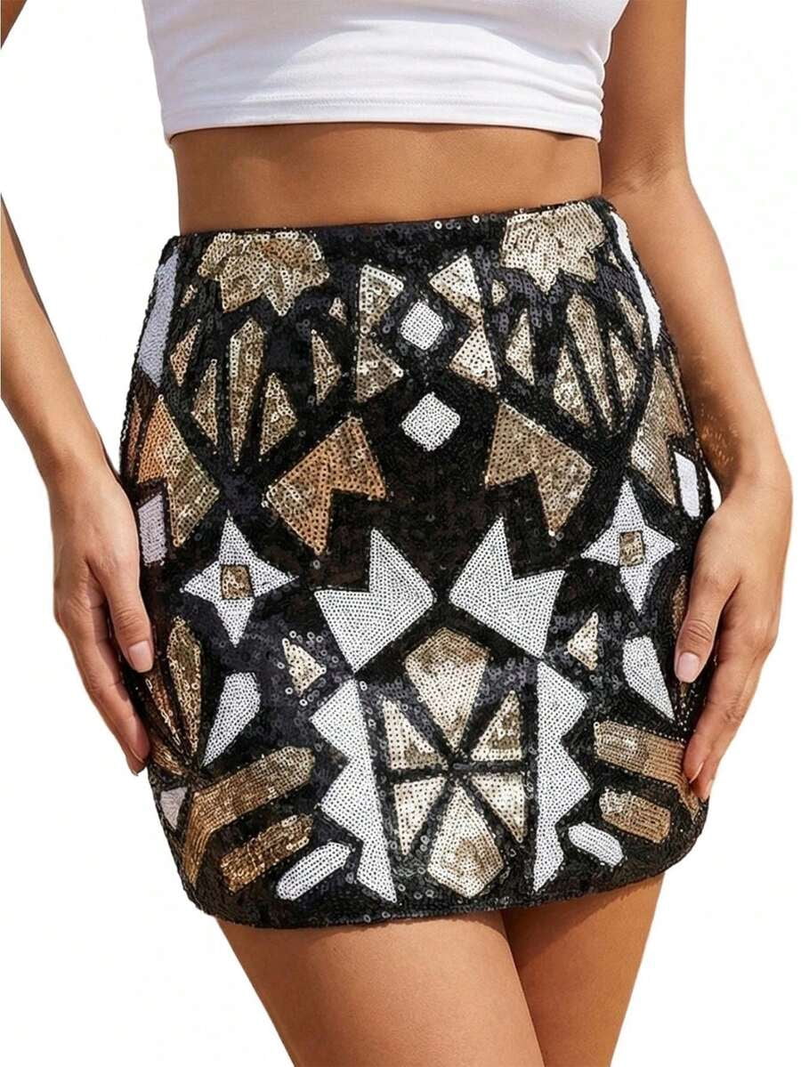 Black Sequin Mini Skirt For Women Stretchy Bodycon Party Pencil Skirt ...