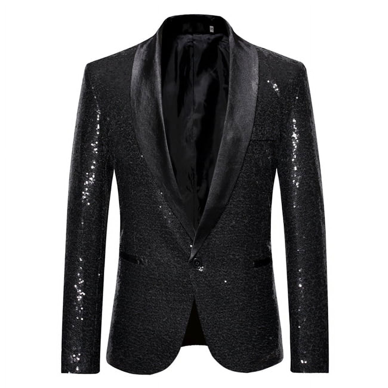 Black Sequin One Button Shawl Collar Suit Jacket Men Bling Glitter ...