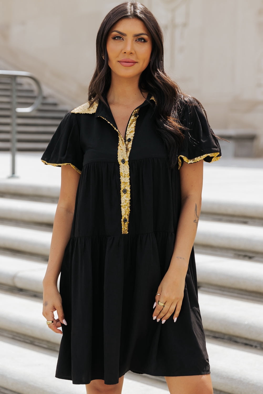 Black Sequin Trim Bubble Sleeve Game Day Shirt Dress - Walmart.com