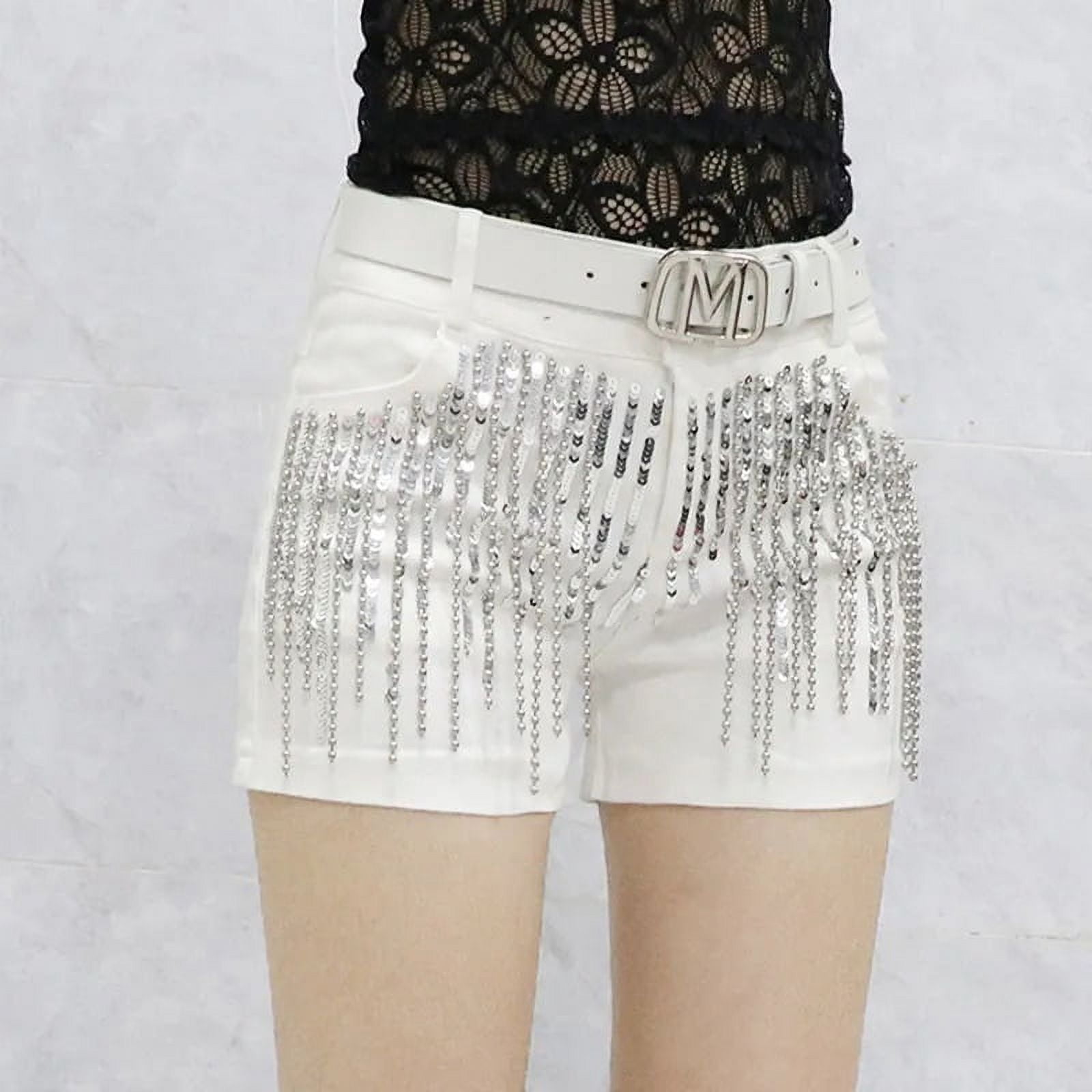Black Sequins tassels Denim Shorts Women's Streetwear 2024 Summer New ...
