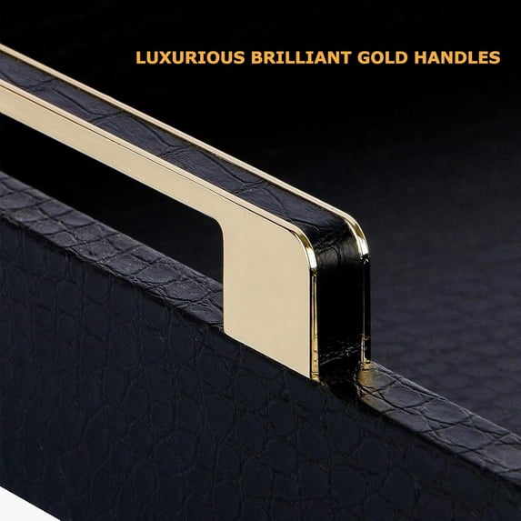 Black Serving Tray with Handles, Large Alligator Faux Leather ...