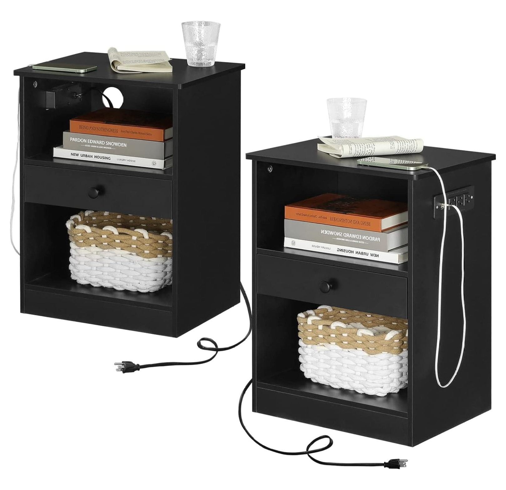 Black Set of 2 Nightstands with Charging Station, Modern End Side Table ...