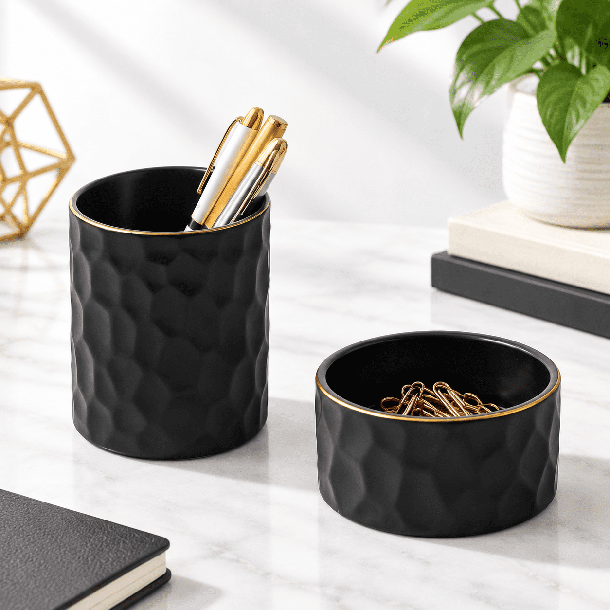 Black Set Ceramic Desk Organizer Set of 2, Pen Holder and Paper Clip ...