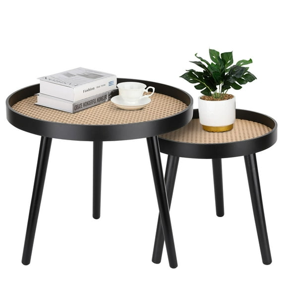 Black-Set Rattan Round Nesting Side Tables Set Modern Boho Accent Table ...