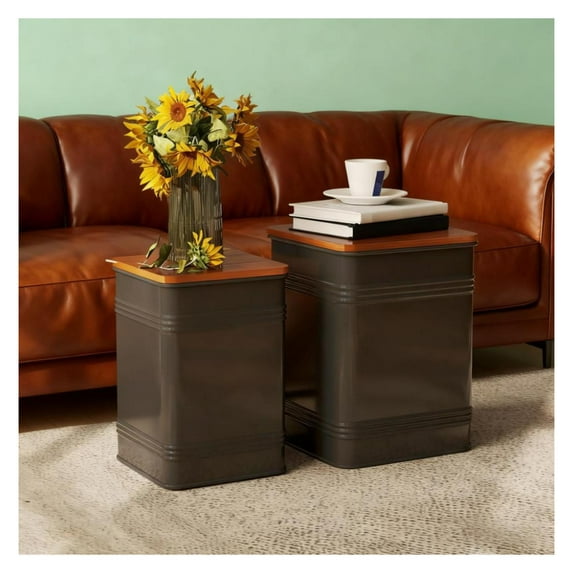 Black Set of 2 Nesting Ottoman Stool with Storage Metal Frame for ...