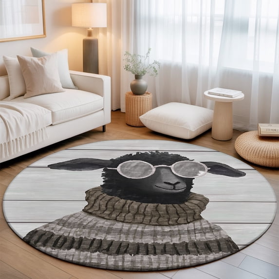 Black Sheep 6' Round Rug for Living Room Under Coffee Table, Glasses ...