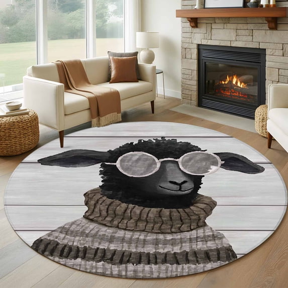 Black Sheep 7FT Round Area Rugs for Living Room Glasses Brown Sweater ...