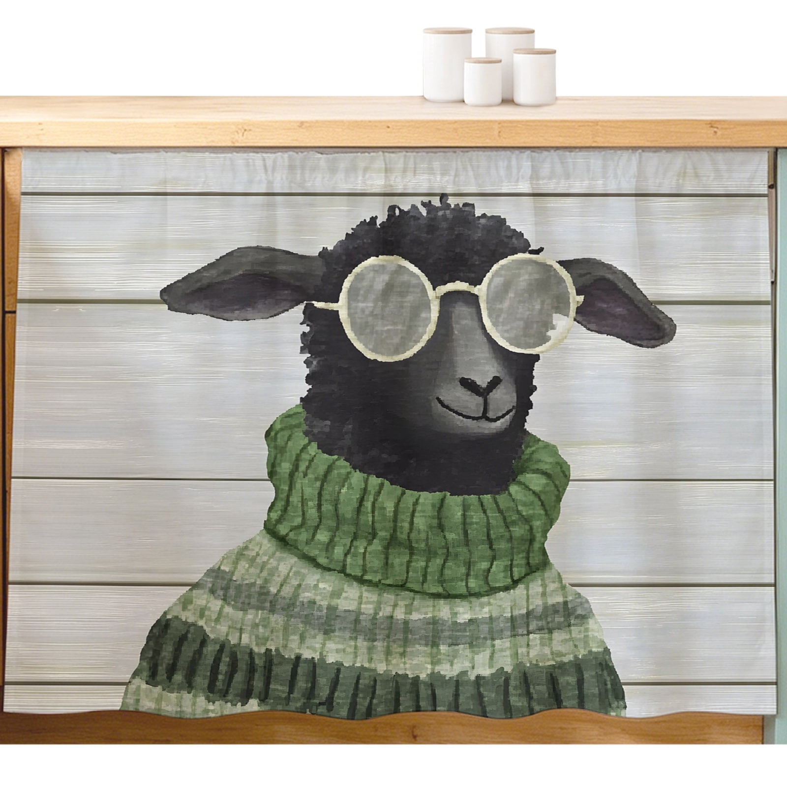 Black Sheep Cabinet Curtains 10" W x 11" L, Glasses Green Sweater Wood ...