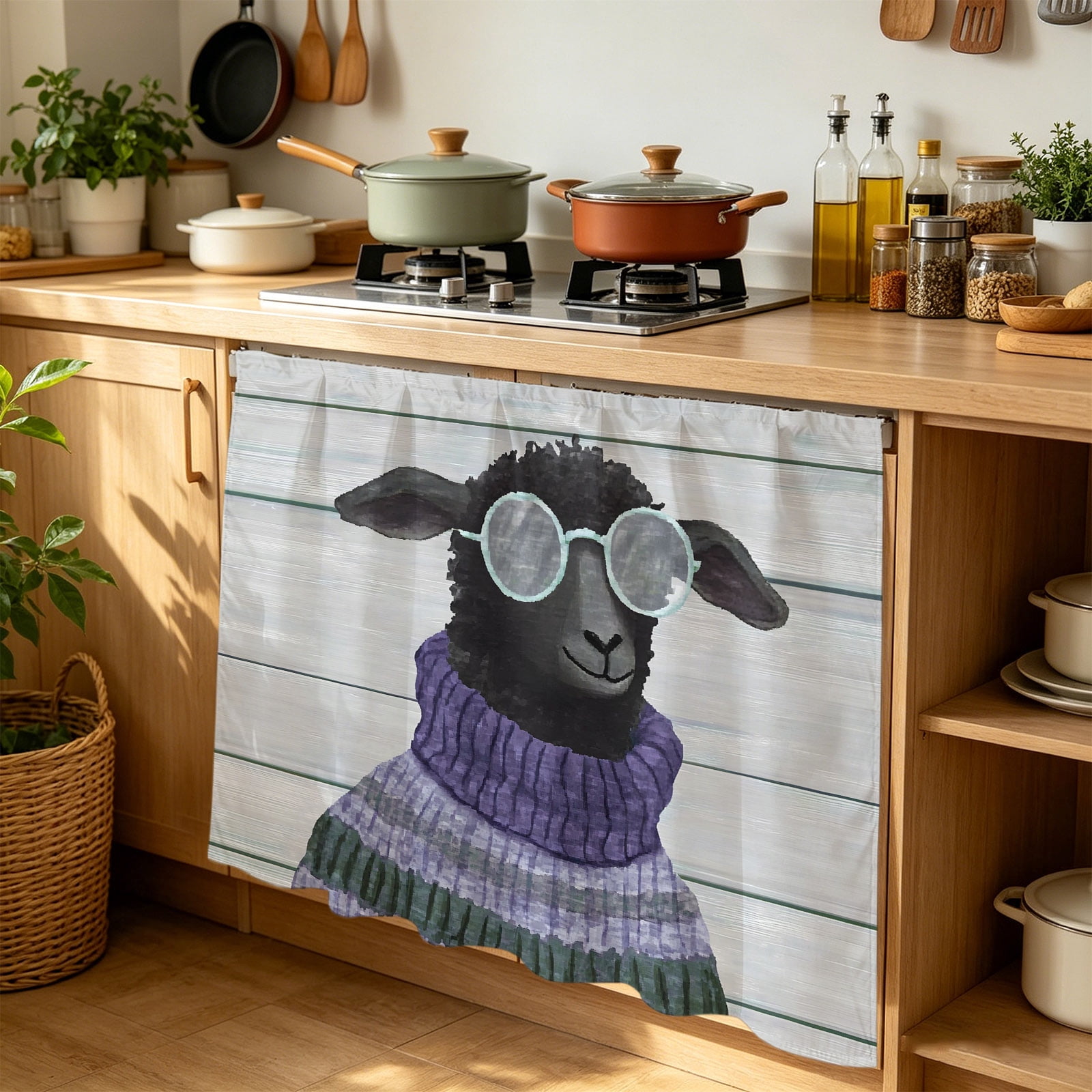 Black Sheep Cabinet Curtains 35" W x 35" L, Glasses Purple Sweater Wood ...