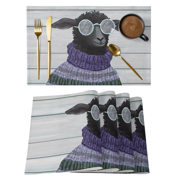 Black Sheep Cotton Linen Placemats Set of 1, Glasses Purple Sweater ...