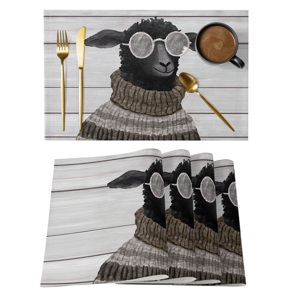 Black Sheep Cotton Linen Placemats Set of 6, Glasses Brown Sweater Wood ...
