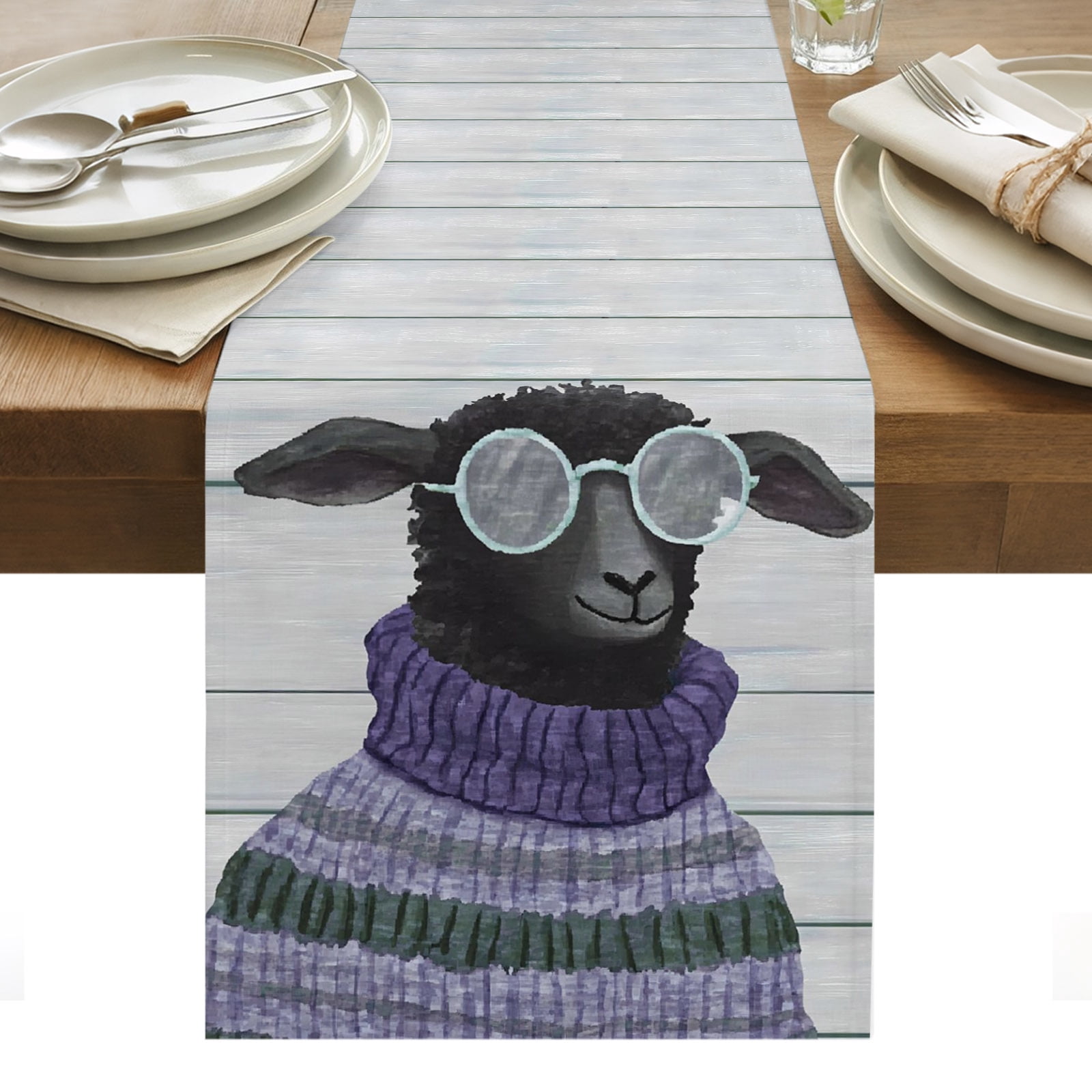 Black Sheep Cotton Linen Table Runner Glasses Purple Sweater Wood Grain ...