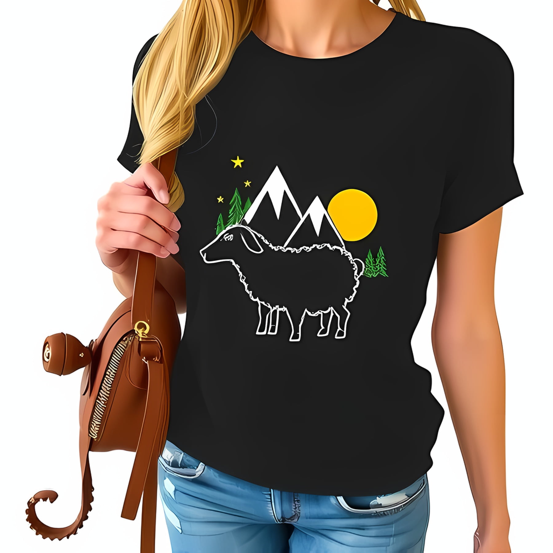 Black Sheep Graphic T-Shirt for Women - Mountain Range Sun & Stars ...