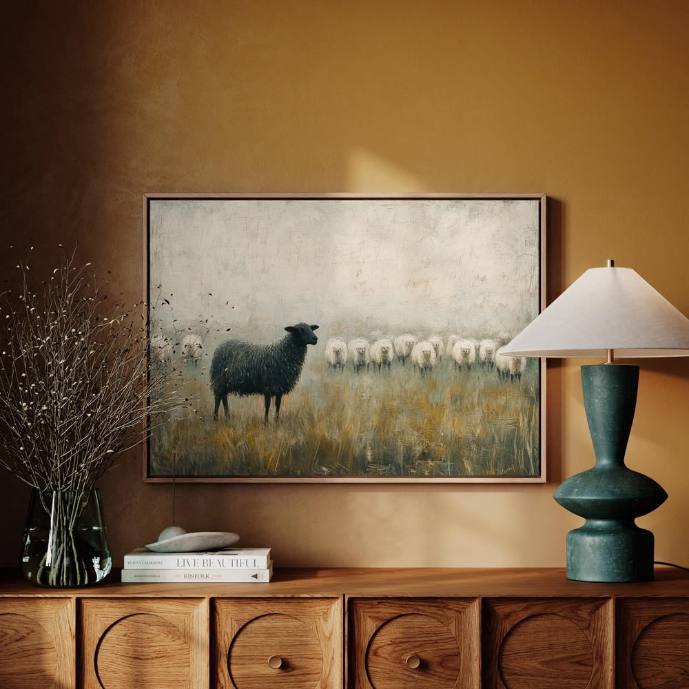 Black Sheep In Foggy Meadow - Farmhouse Poster Wall Art Rustic Animal ...