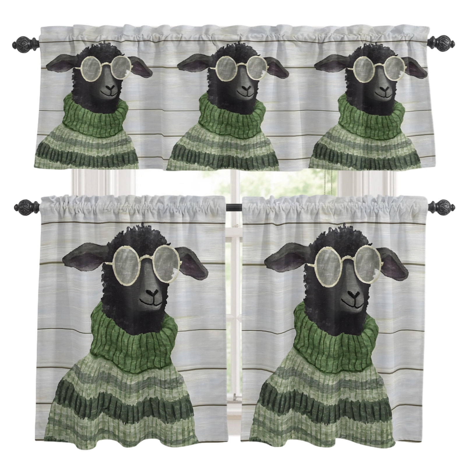 Black Sheep Kitchen Curtains Valances 3 Piece Set, Glasses Green ...