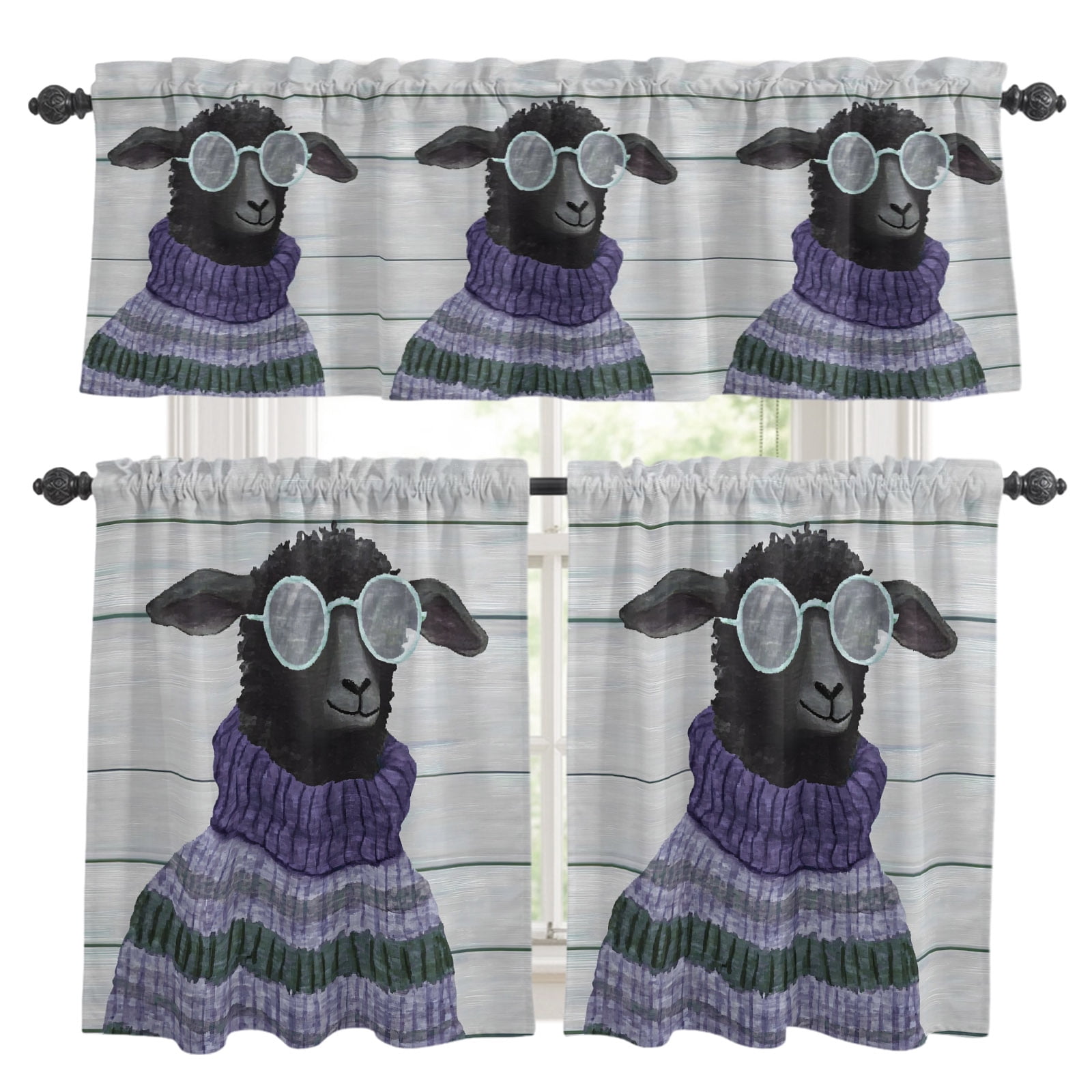 Black Sheep Kitchen Curtains Valances 3 Piece Set, Glasses Purple ...