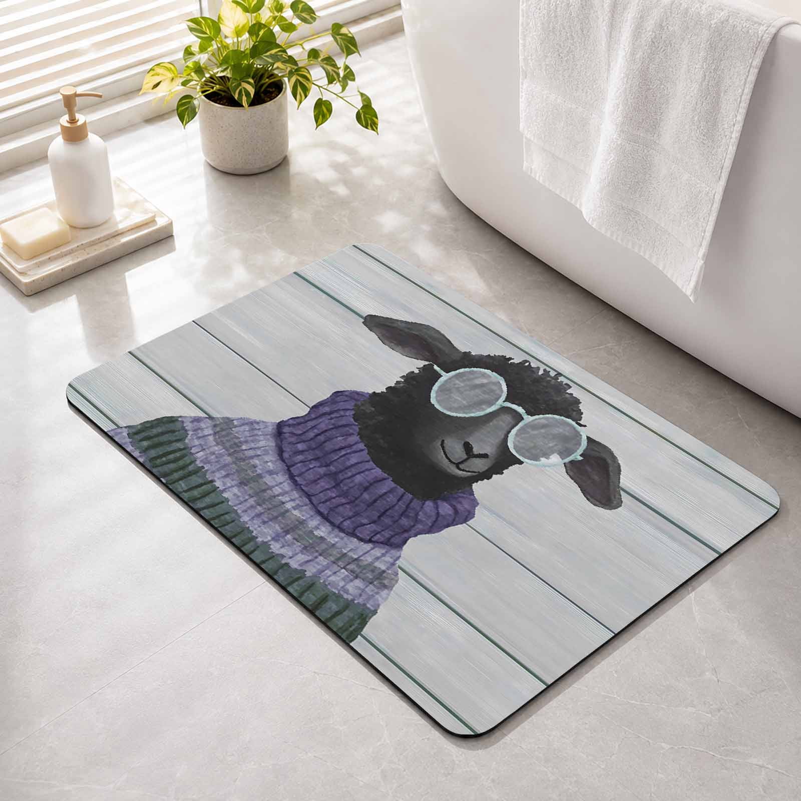 Black Sheep Non Slip Bathroom Mat, Glasses Purple Sweater Wood Grain ...