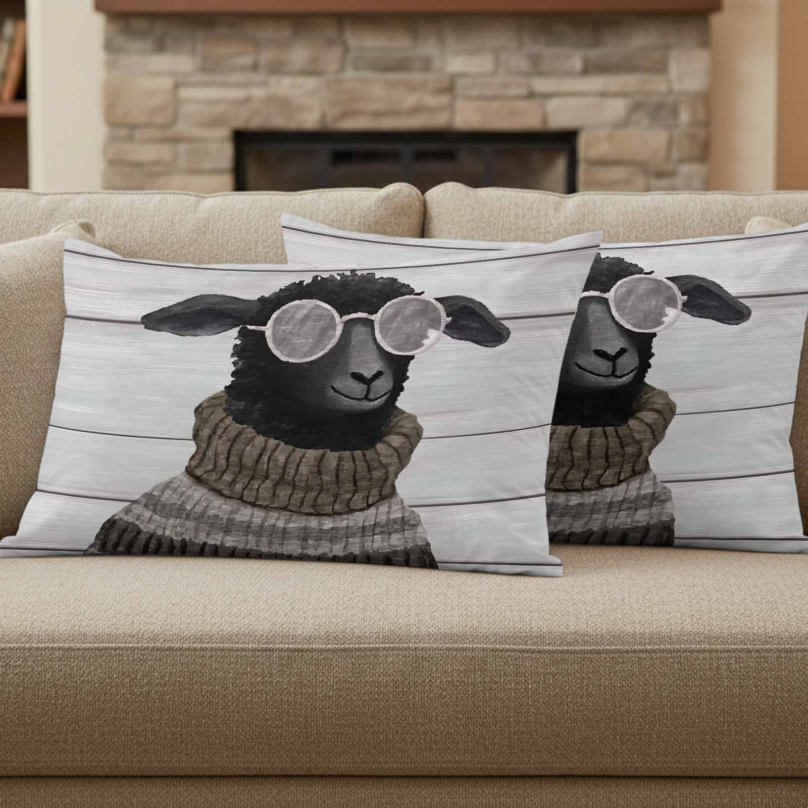 Black Sheep Pillow Covers Set of 2, Glasses Brown Sweater Wood Grain ...