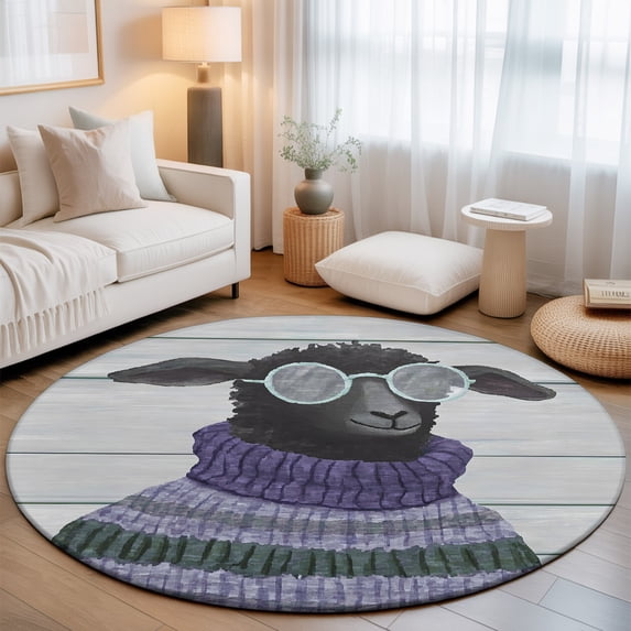Black Sheep Round Area Rugs 3 ft, Glasses Purple Sweater Wood Grain ...