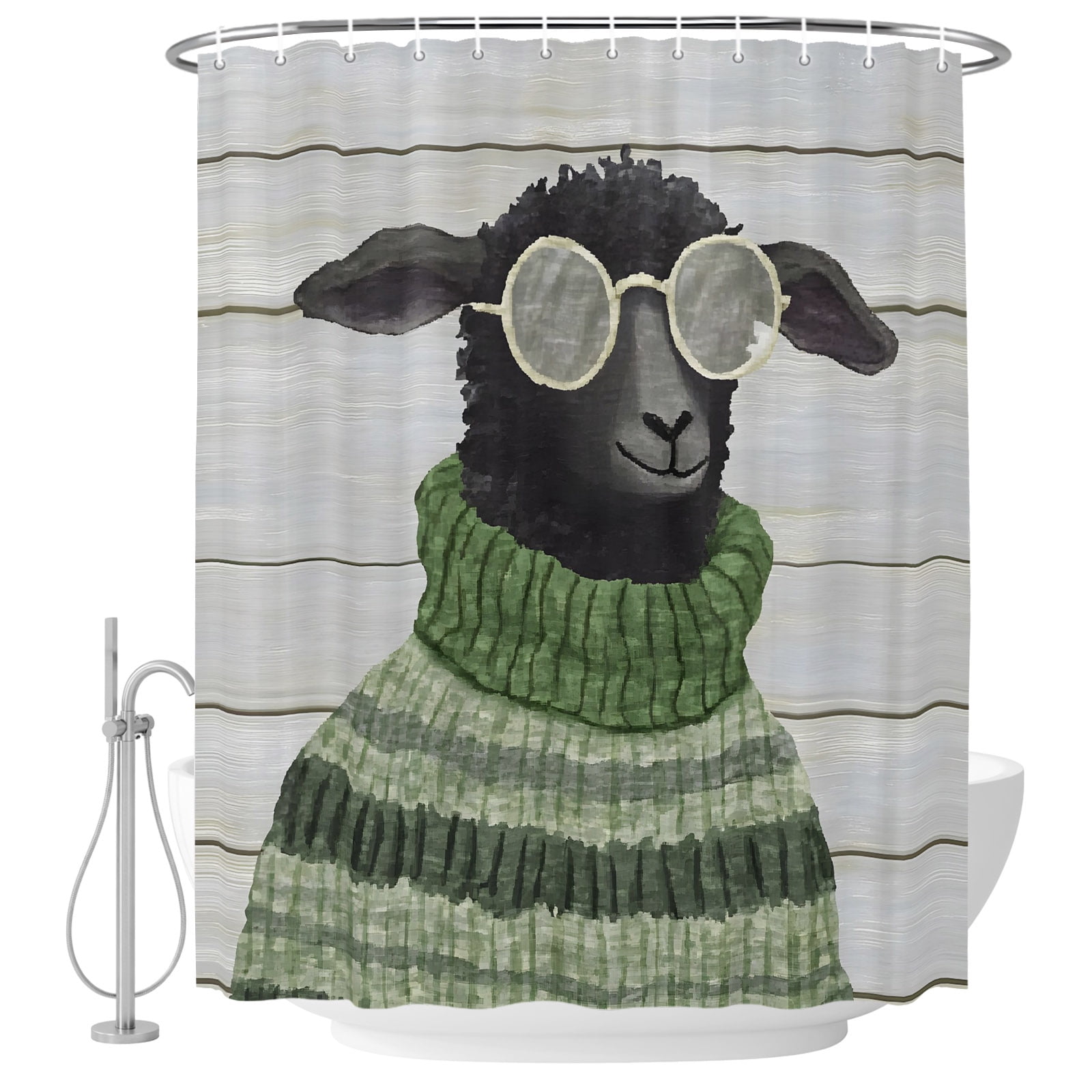 Black Sheep Shower Curtain for Bathroom, Glasses Green Sweater Wood ...