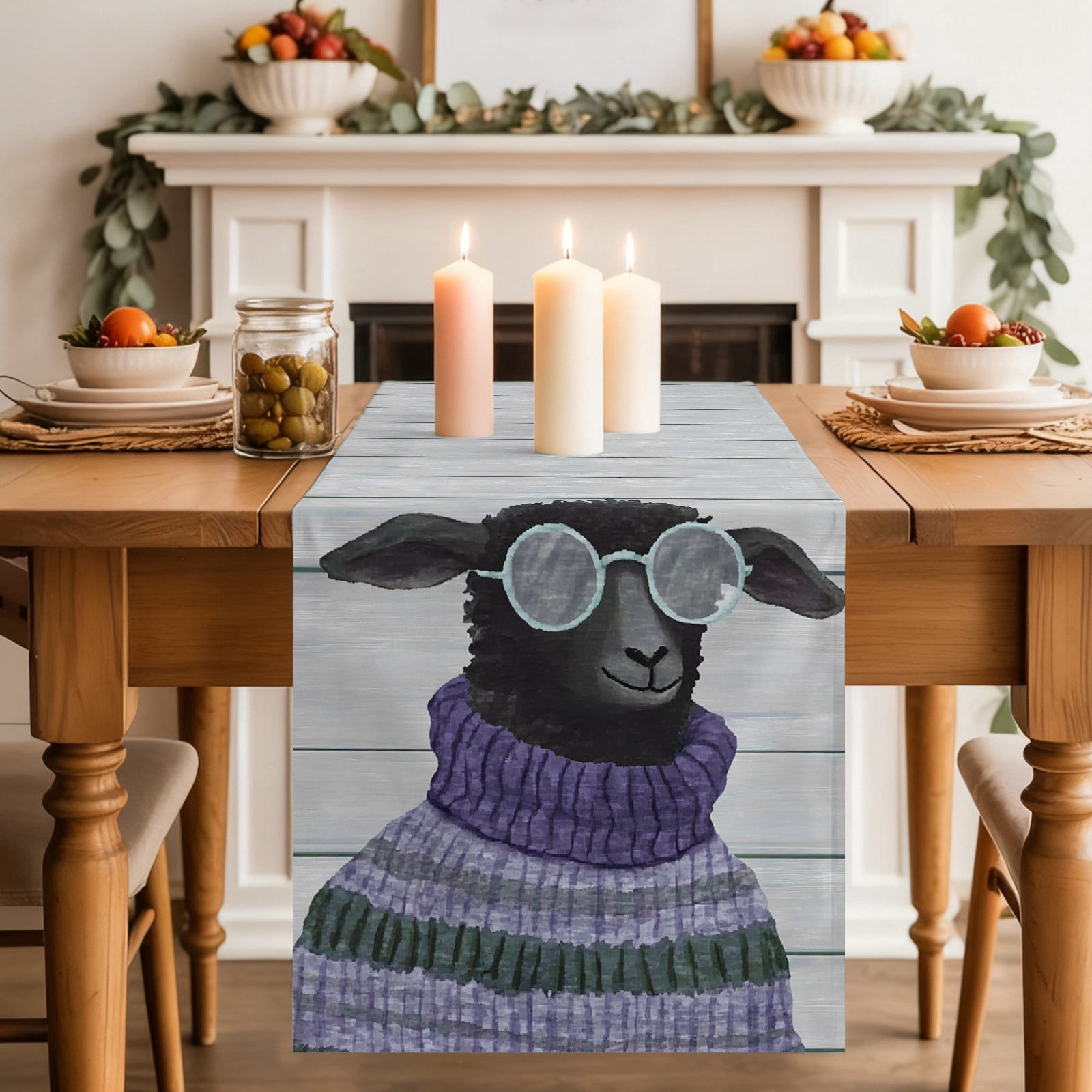 Black Sheep Table Runner 13x60 Inch Glasses Purple Sweater Wood Grain ...