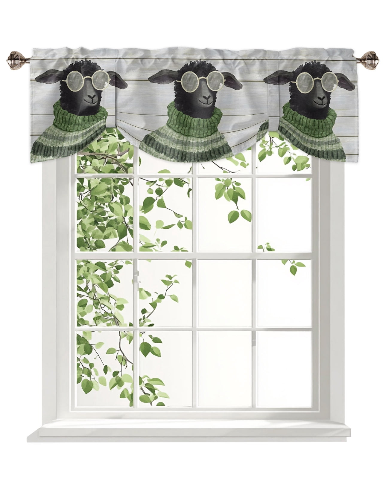 Black Sheep Tie Up Valances Curtain, Glasses Green Sweater Wood Grain ...