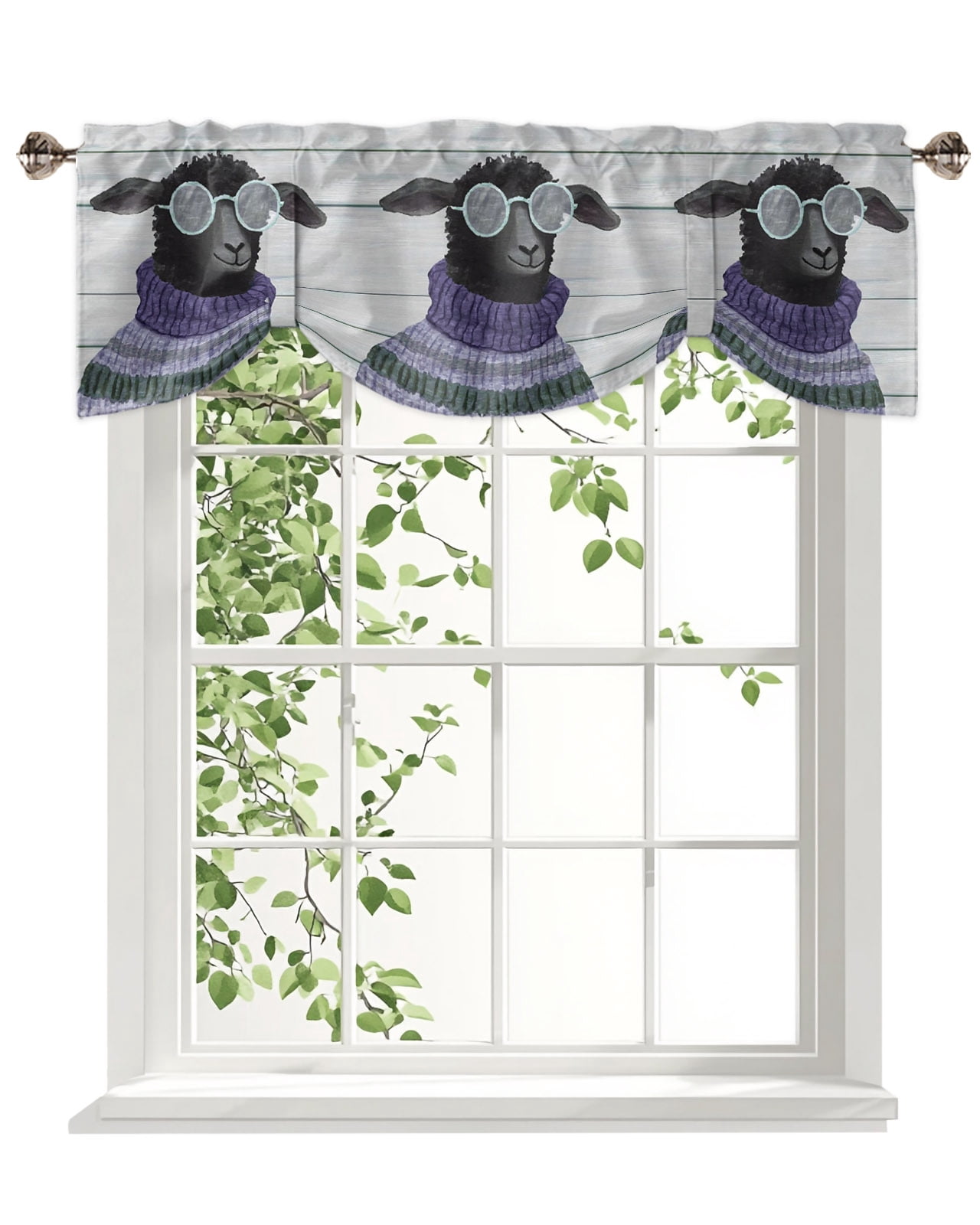 Black Sheep Tie Up Valances Curtain, Glasses Purple Sweater Wood Grain ...