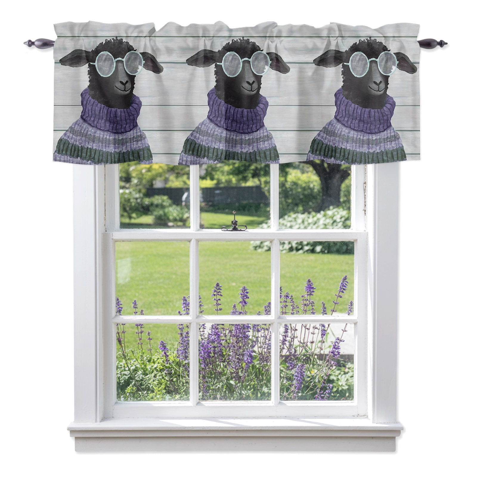 Black Sheep Window Valance for Kitchen, Glasses Purple Sweater Wood ...