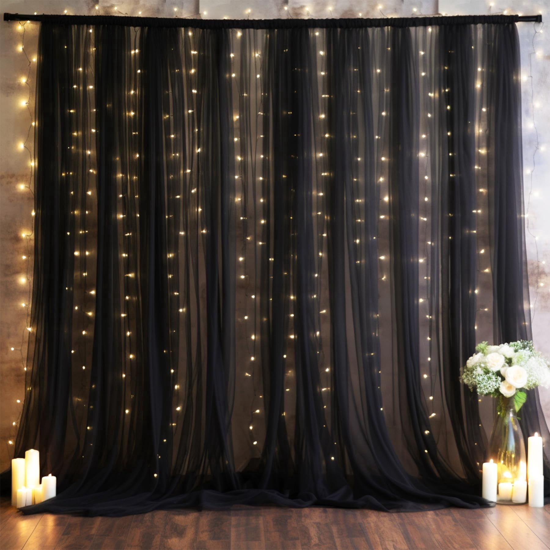 Black Sheer Backdrop Curtain With Lights String, 2 Panels(5*10FT), For ...