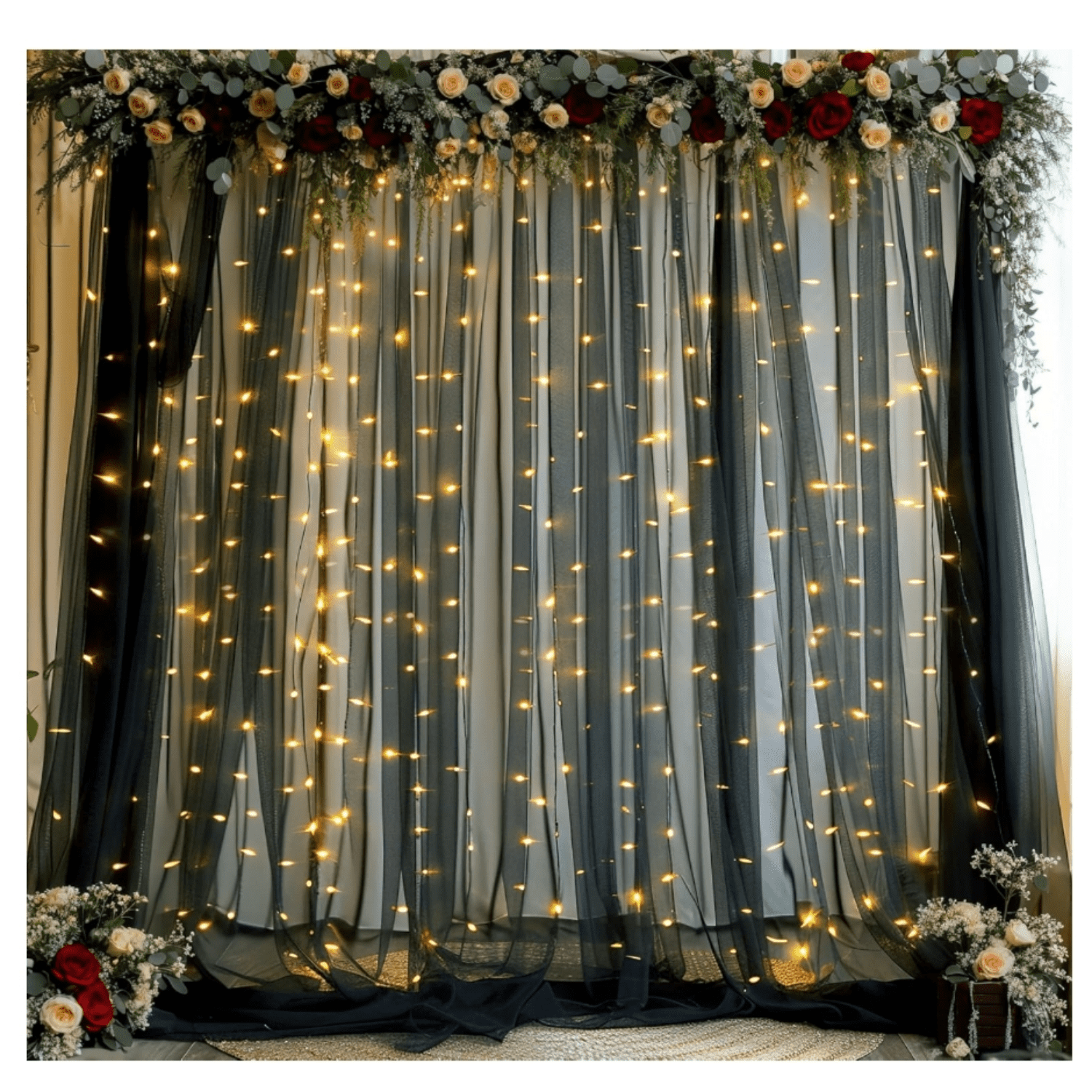 Black Sheer Backdrop Curtains with Lights String for Parties Birthday ...