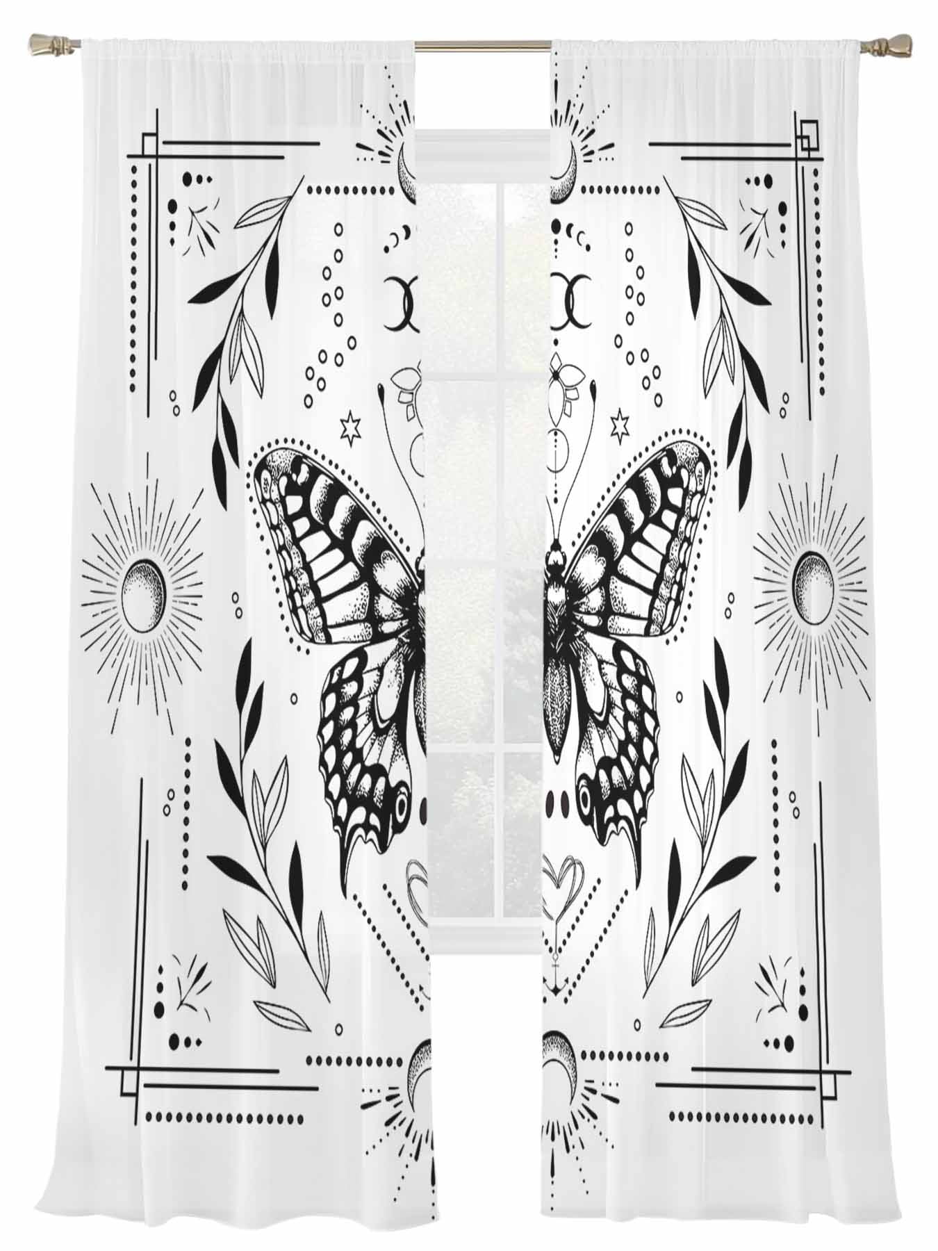 Black and Sheer Curtains 2 Panels Set White Frame Butterfly Sun Moon ...