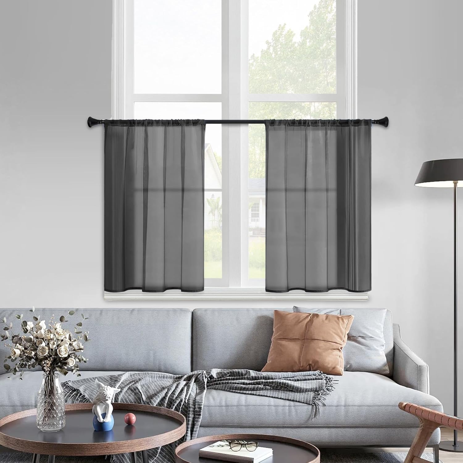 Black Sheer Curtains 34 x 30 inch Length Kitchen Tier Short Curtains ...