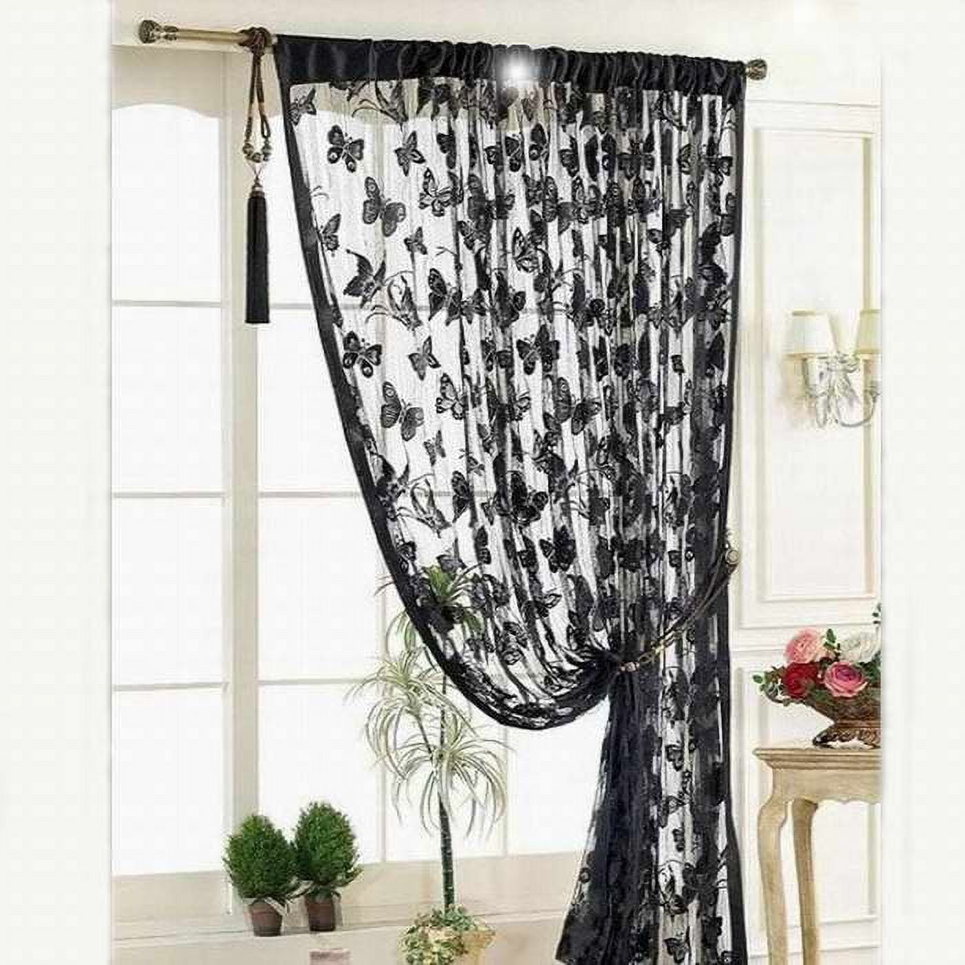 Black Sheer Curtains 39 X 78 Inches Long-Romantic Butterfly Sheer Lacy ...