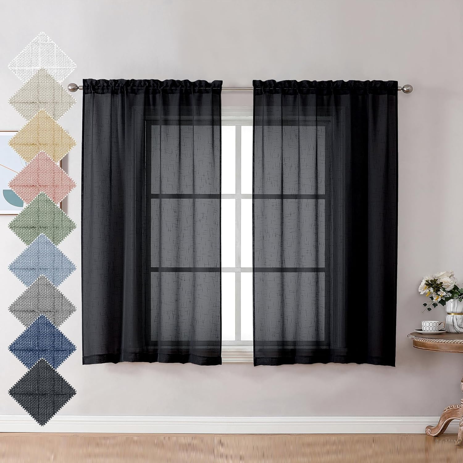 Black Sheer Curtains 45 Inch Length 2 Panels, Short Linen Curtains for ...