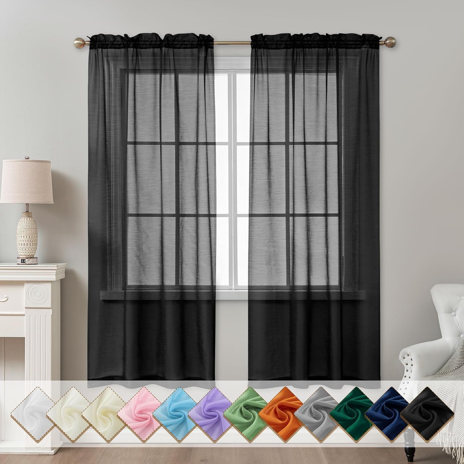 Black Sheer Curtains 72 Inches Long, Privacy Semi Sheer Curtains for Living Room Bedroom, Light ...