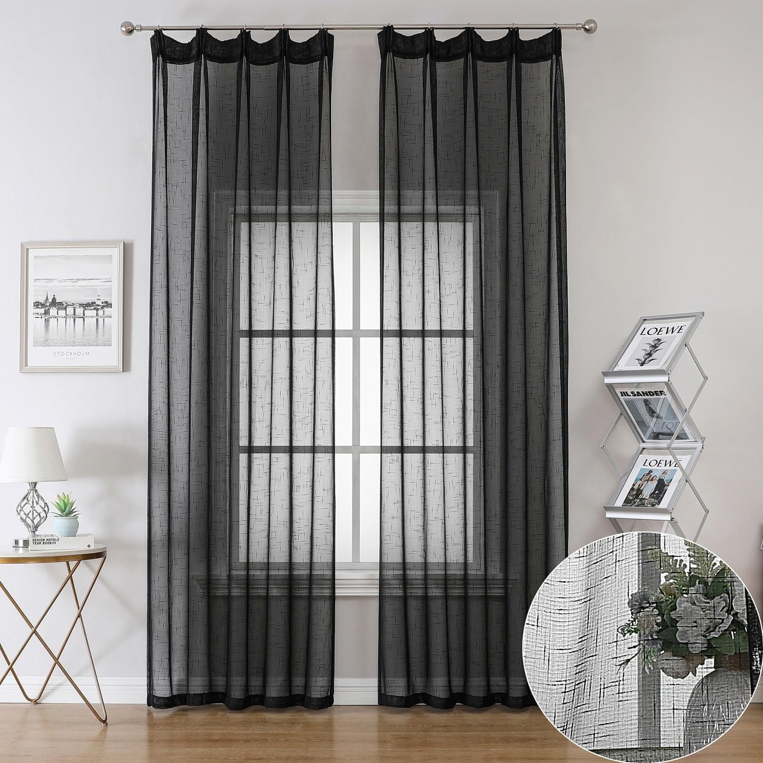 Black Sheer Curtains 90 Inches Long 2 Panels, Thin Linen Textured ...