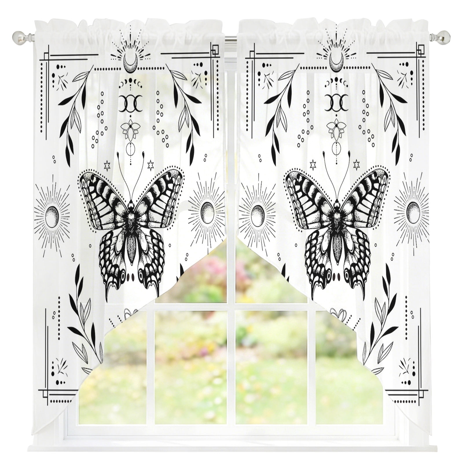 Black and Sheer Curtains Swag Valances for Windows White Frame ...